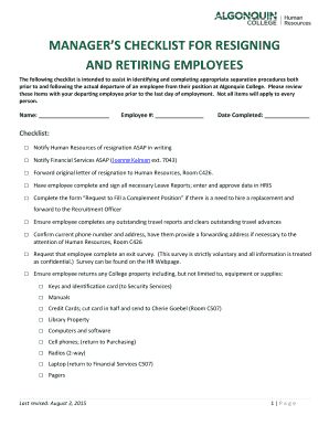 Fillable Online MANAGERS CHECKLIST FOR RESIGNING AND RETIRING EMPLOYEES ...