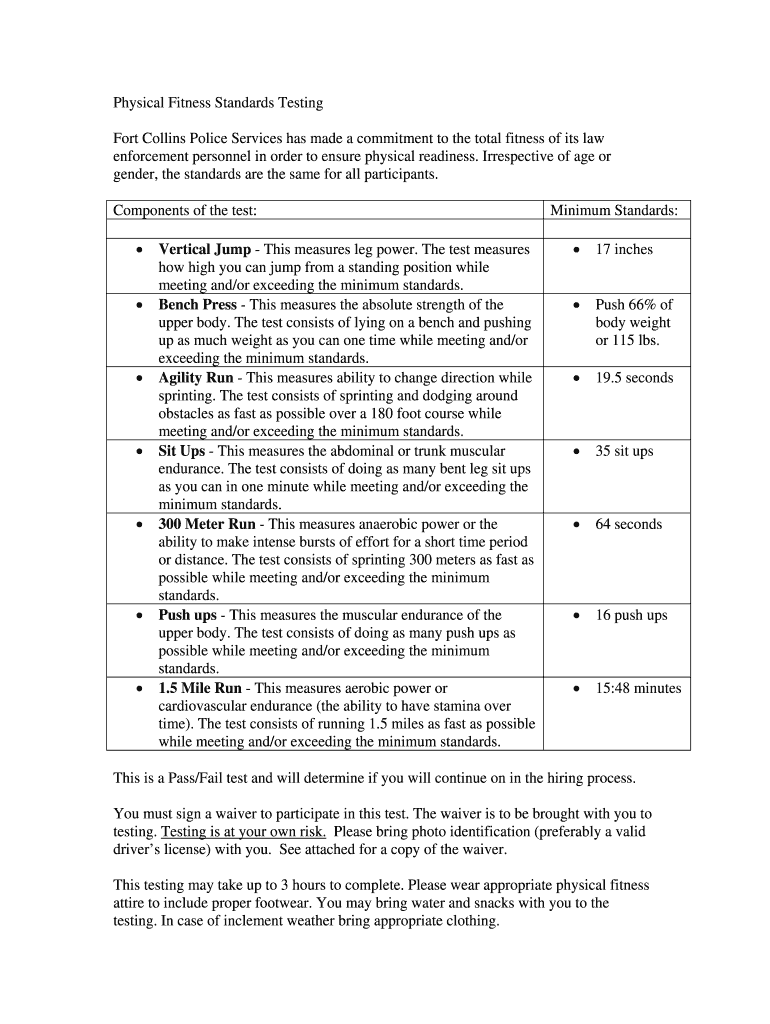 Fillable Online Physical Fitness Standards Testing Fax Email Print ...