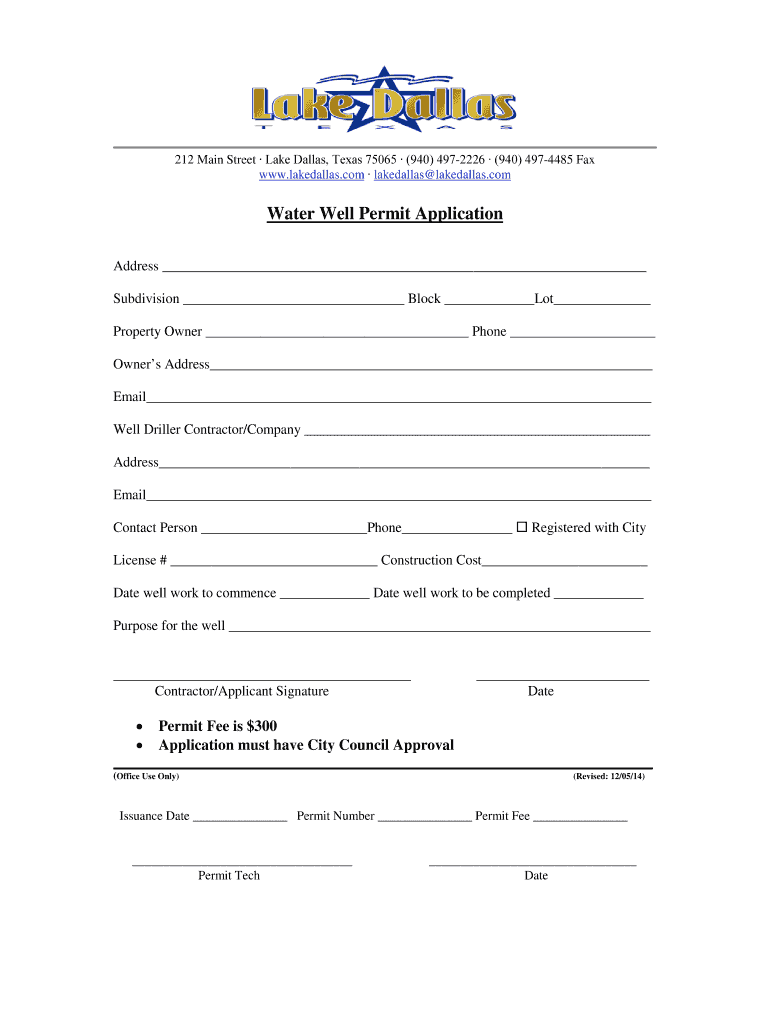 Fillable Online Water Well Permit Application - Lake Dallas Texas Fax ...