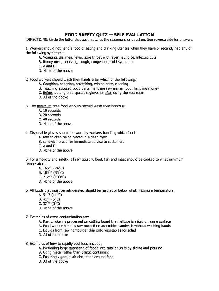 Fillable Online FOOD SAFETY QUIZ SELF EVALUATION Fax Email Print ...