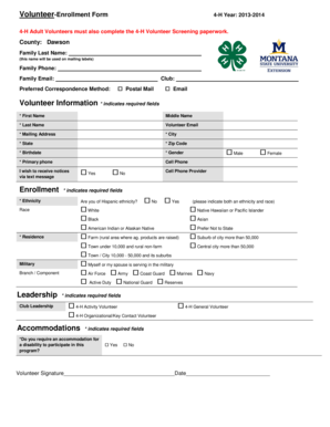 Fillable Online Volunteer-Enrollment Form 4-H Year 2013-2014 4-H Adult ...
