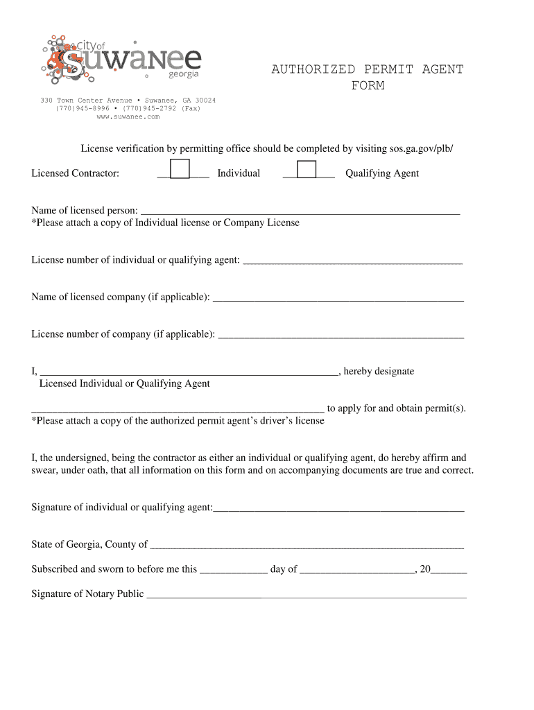 Fillable Online AUTHORIZED PERMIT AGENT FORM - Suwanee Fax Email Print ...
