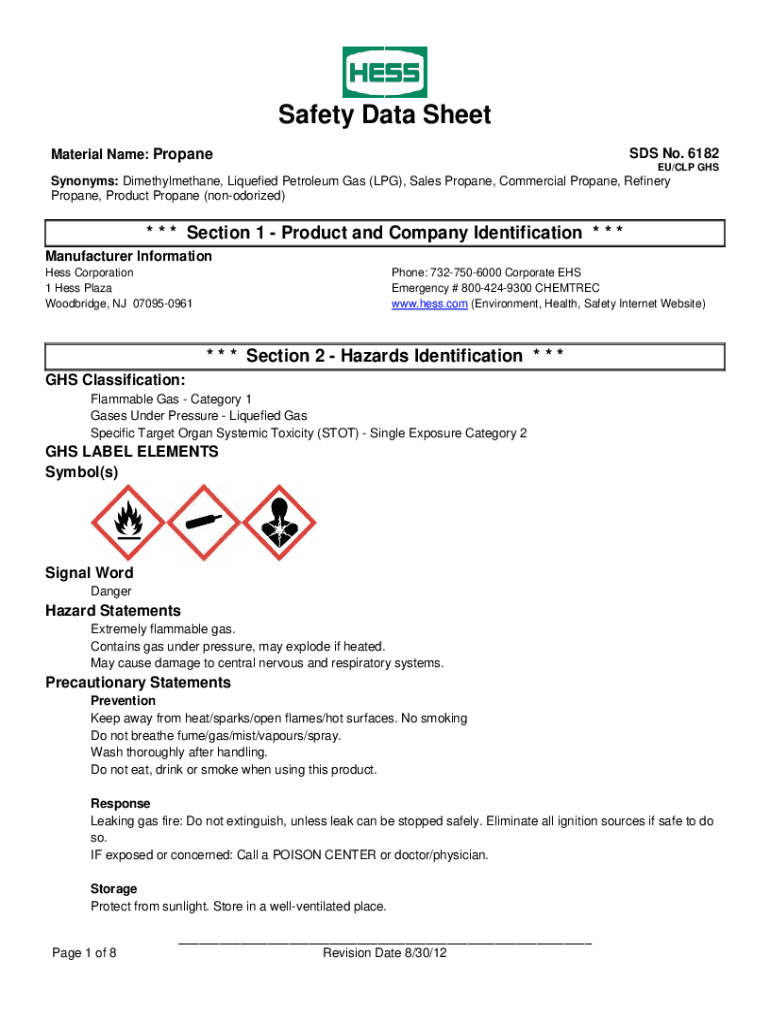 Fillable Online MATERIAL SAFETY DATA SHEET Propane - Cranesville Block ...