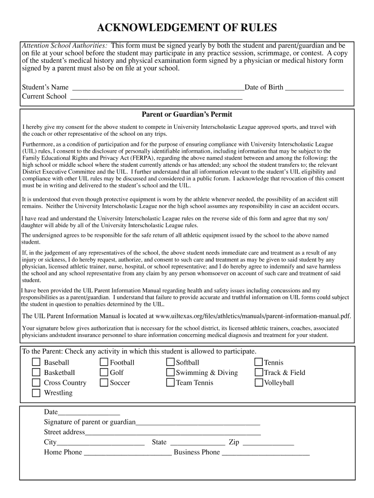 Fillable Online uiltexas Acknowledgement of rules - University Interscholastic League Fax Email ...
