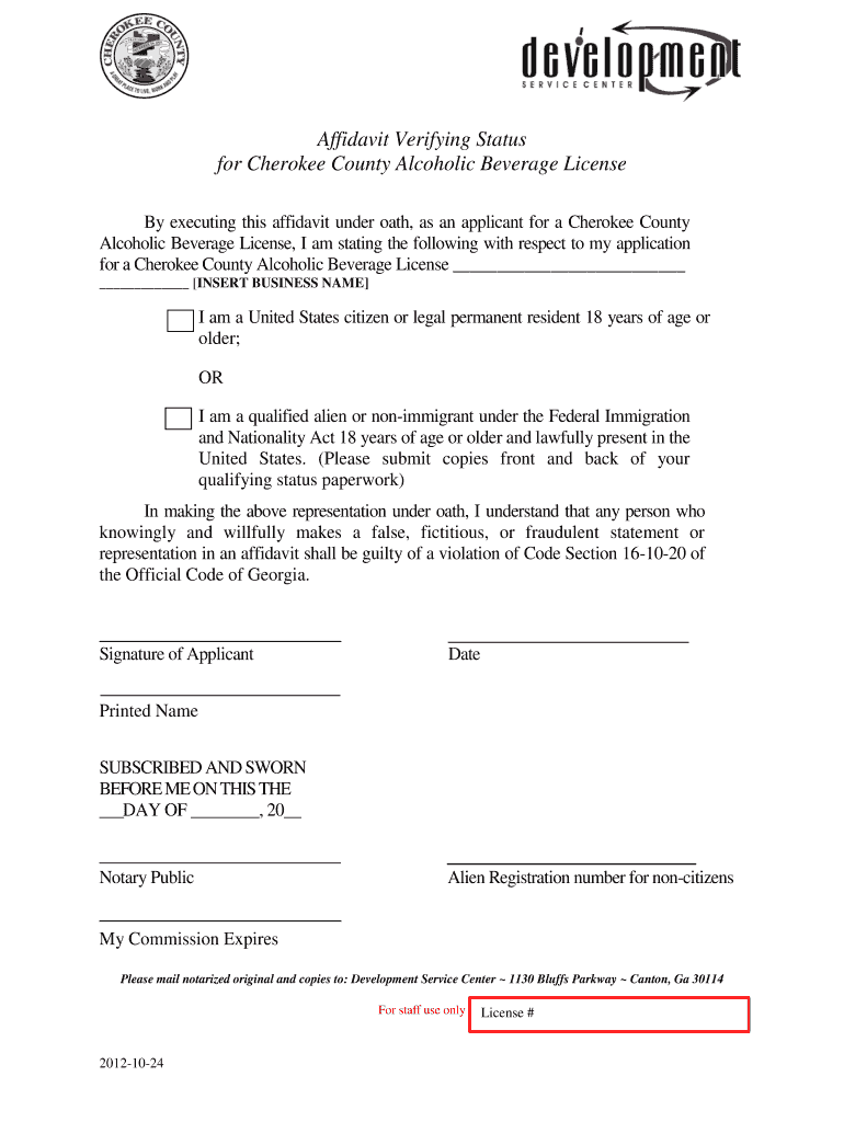 Fillable Online Affidavit Verifying Status for Cherokee County Alcoholic Fax Email Print - pdfFiller
