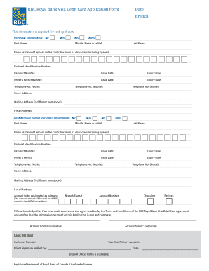 Fillable Online RBC Royal Bank Visa Debit Card Application Form Date ...