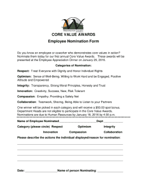 Fillable Online co washington wi CORE VALUE AWARDS Employee Nomination ...
