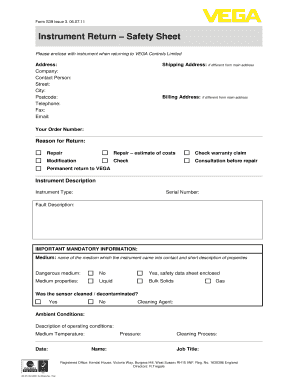 Fillable Online Instrument Return Safety Sheet - VEGA Fax Email Print ...