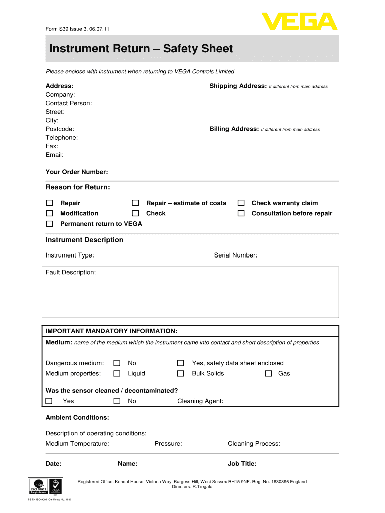 Fillable Online Instrument Return Safety Sheet - VEGA Fax Email Print ...