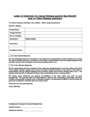 Fillable Online LOI for Cargo Release against SeaWaybill and or Telex ...
