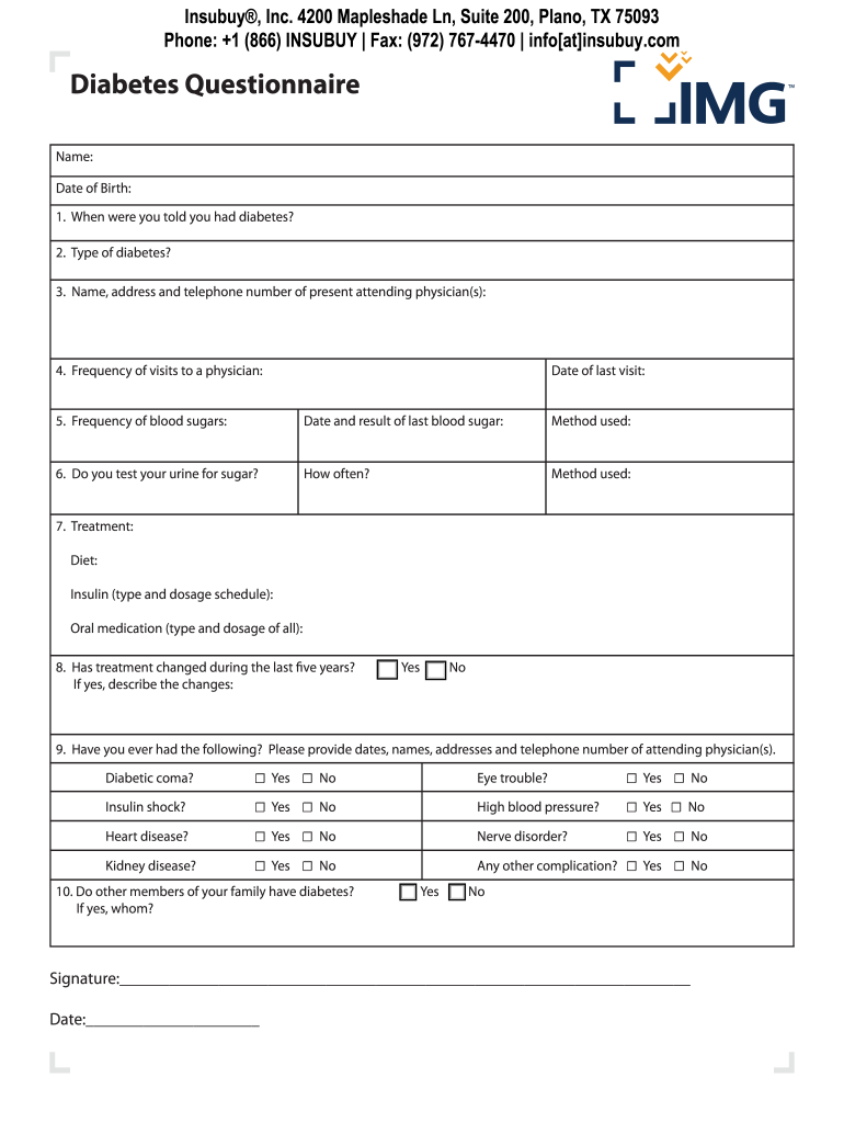 Fillable Online Global Medical Insurance - Diabetes Questionnaire ...