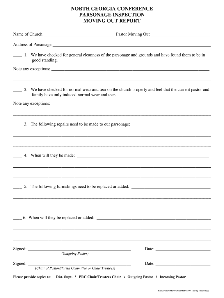 Fillable Online PARSONAGE INSPECTION - moving out report Fax Email ...
