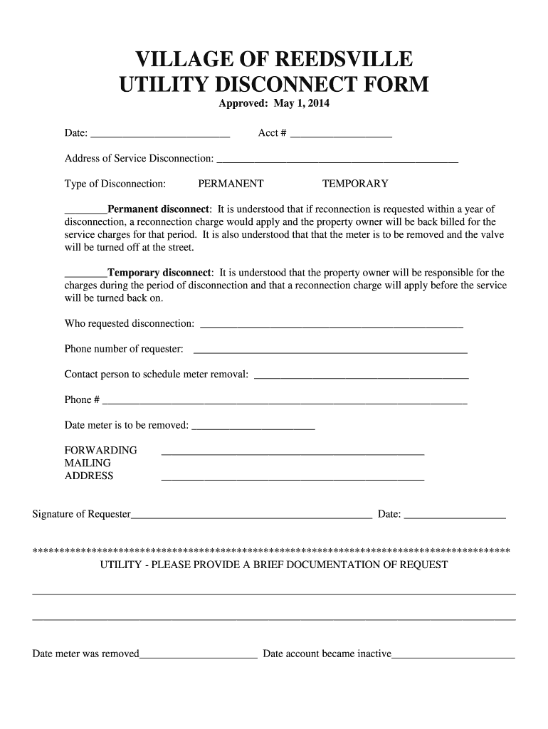 Fillable Online VILLAGE OF REEDSVILLE UTILITY DISCONNECT FORM Fax Email ...