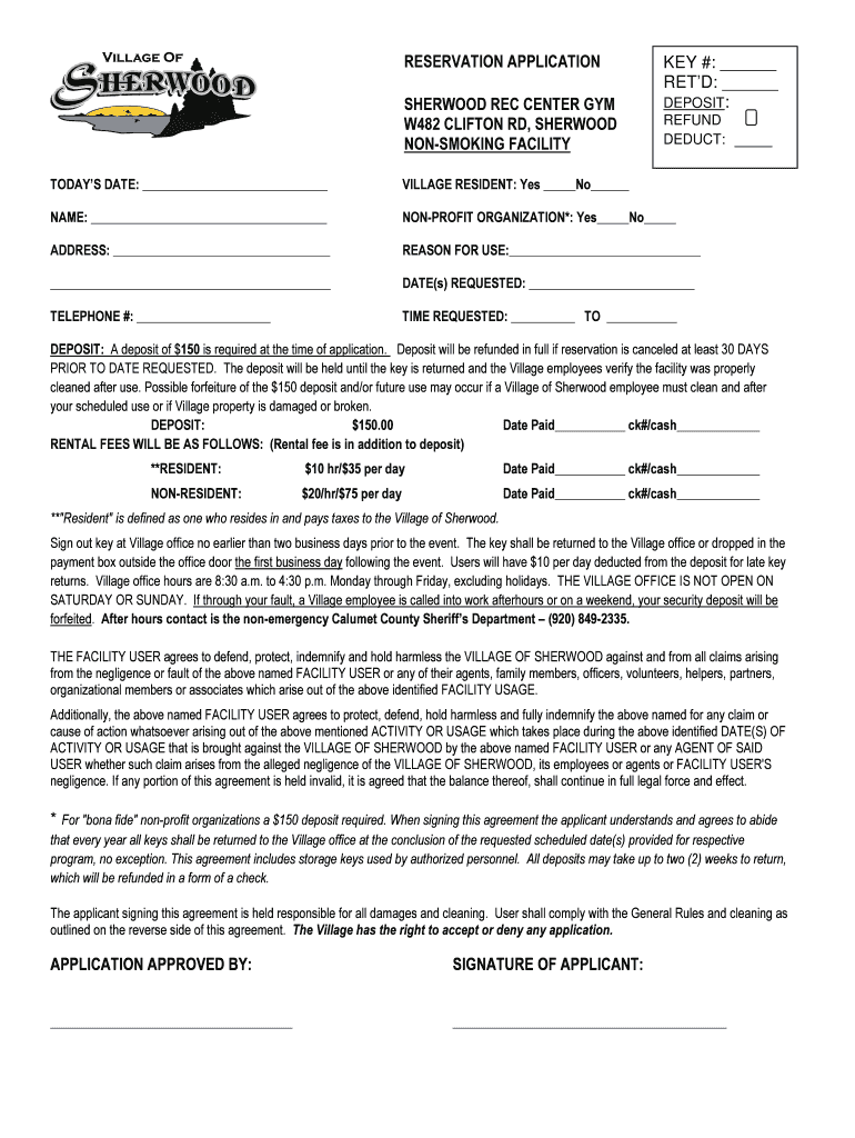 Fillable Online villageofsherwood Gym Reservation Applicationsdoc ...
