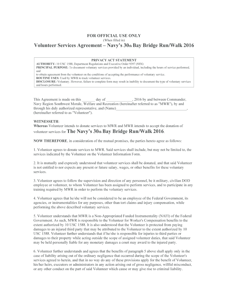 Fillable Online Volunteer Services Agreement Navys 30 Bay Bridge Run ...