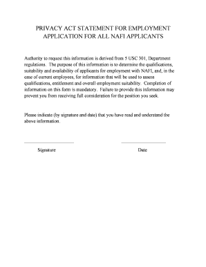Fillable Online PRIVACY ACT STATEMENT FOR EMPLOYMENT APPLICATION FOR ...