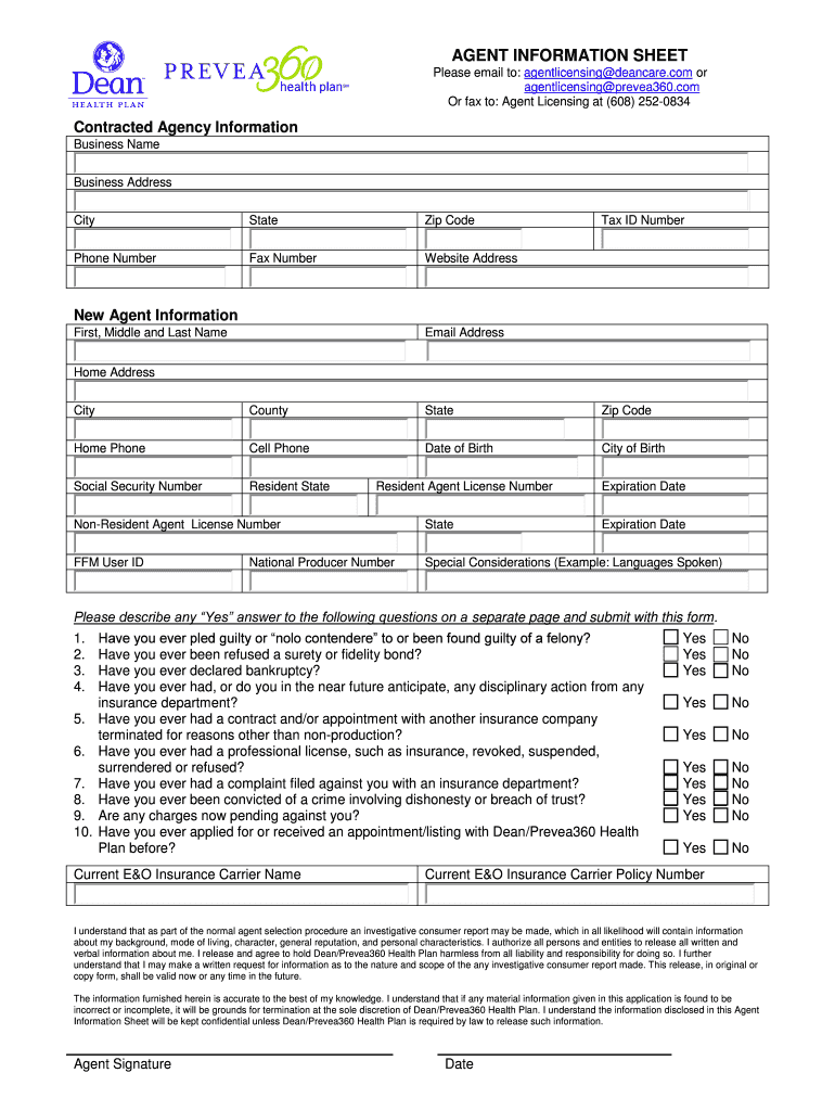 Fillable Online AGENT INFORMATION SHEET Please email to agentlicensing ...
