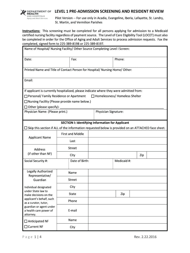 Fillable Online new dhh louisiana LEVEL 1 PRE-ADMISSION SCREENING AND ...