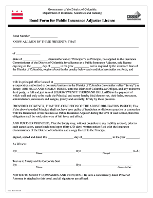 Fillable Online Bond Form for Public Insurance Adjuster License ...