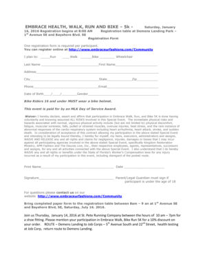 Fillable Online EMBRACE HEALTH WALK RUN AND BIKE 5k - Saturday January ...