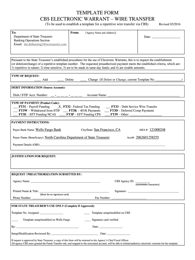 Fillable Online TEMPLATE FORM CB ELECTRONIC WARRANT WIRE TRANSFER Fax Email Print - pdfFiller