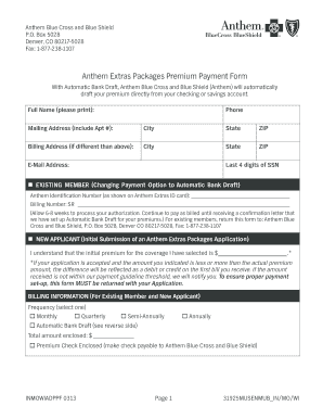 Fillable Online Anthem Extras Packages Premium Payment Form Fax Email ...