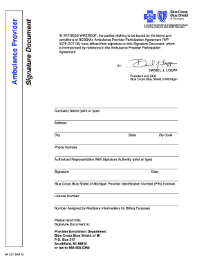 Fillable Online Ambulance Provider Signature Document - bcbsmcom Fax ...