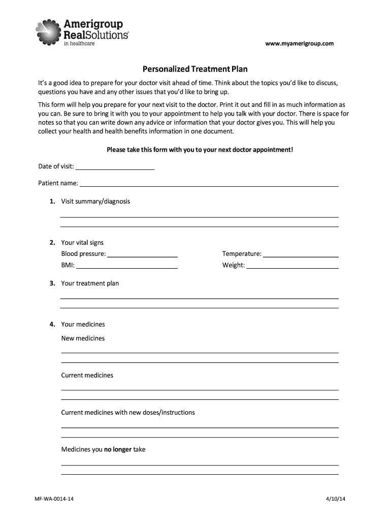 Fillable Online Amerigroup Personalized Treatment Plan Information Form ...