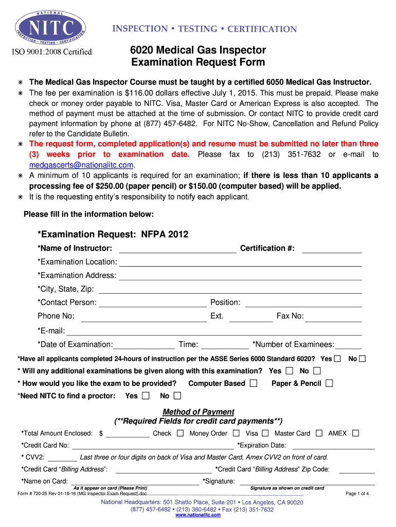 Fillable Online 6020 Medical Gas Inspector Examination Request Form Fax ...