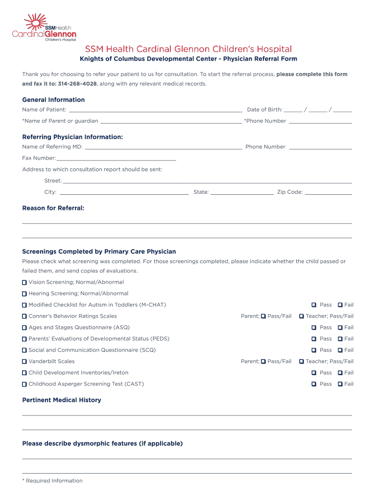 Fillable Online SSM Health Cardinal Glennon Childrens Hospital Fax Email Print - pdfFiller