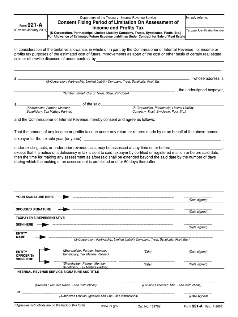 Fillable Online Form 921-A (Rev. 1-2001). Consent Fixing Period of ...