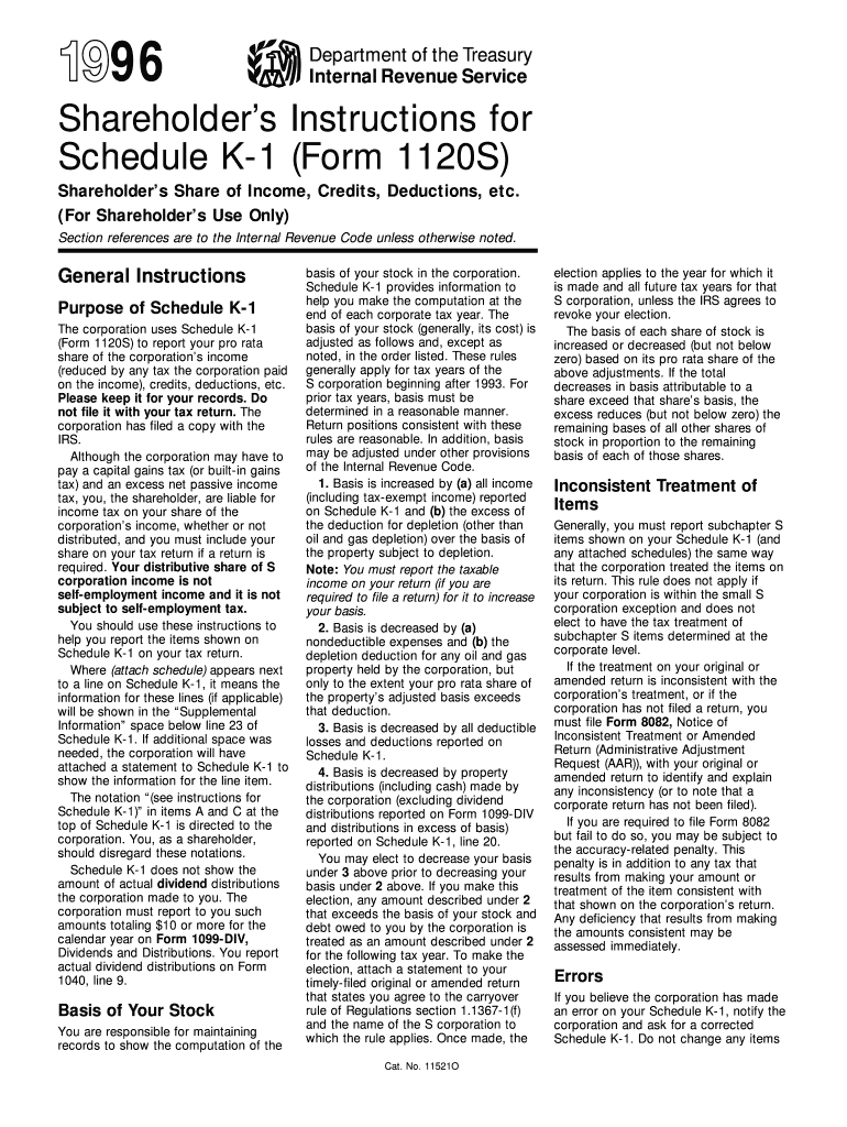 Fillable Online 1996 Instructions 1120S Schedule K-1 Instructions for ...