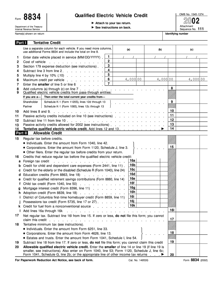 Fillable Online 2002 Form 8834. Qualified Electric Vehicle Credit Fax ...