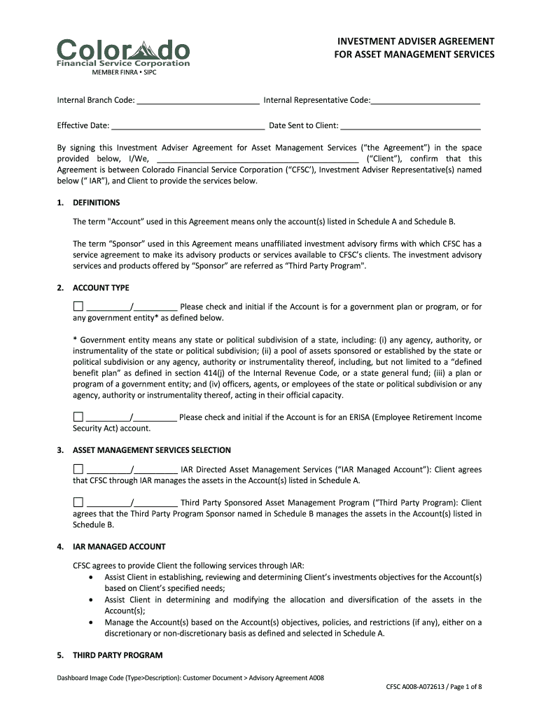 Fillable Online INVESTMENT ADVISER AGREEMENT FOR ASSET MANAGEMENT ...