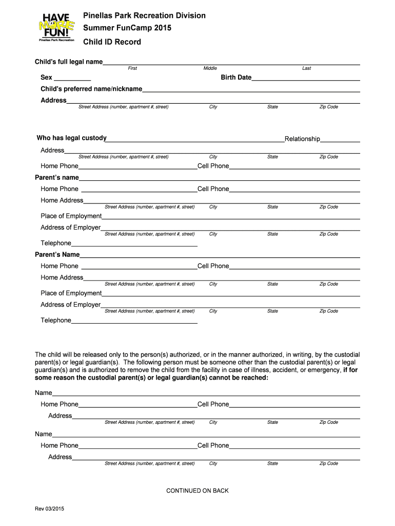 Fillable Online Pinellas Park Recreation Division Summer FunCamp 2015 ...
