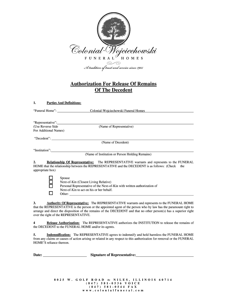 Fillable Online Authorization For Release Of Remains Of The Decedent ...
