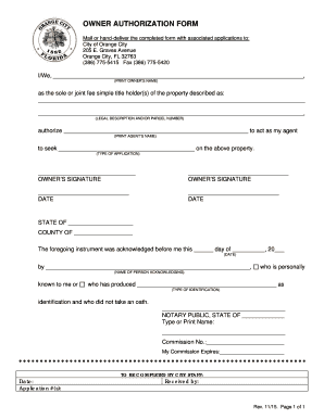 Fillable Online Owner Authorization Form - City of Orange City Fax ...