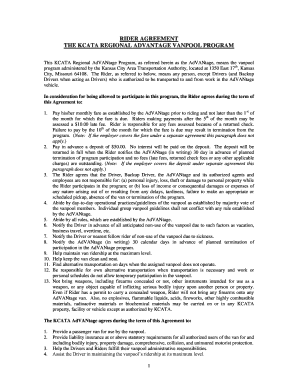 Fillable Online kcata RIDER AGREEMENT THE KCATA REGIONAL ADVANTAGE ...