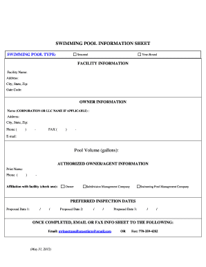 Fillable Online SWIMMING POOL INFORMATION SHEET Fax Email Print - pdfFiller