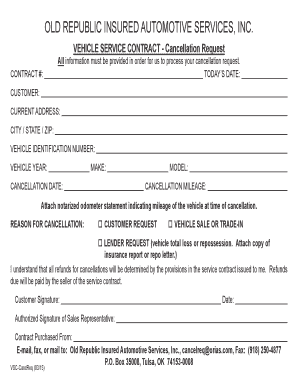 Fillable Online VEHICLE SERVICE CONTRACT - Cancellation Request Fax ...