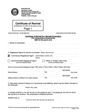 Fillable Online Certificate of Revival - Registered Agent Inc Fax Email ...