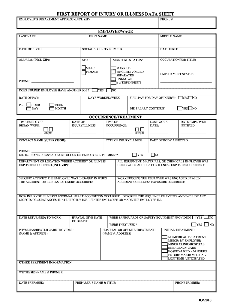 Fillable Online FIRST REPORT OF INJURY OR ILLNESS DATA SHEET Fax Email ...