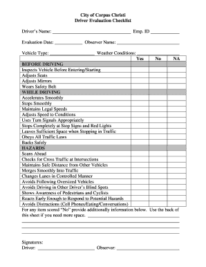 Fillable Online City of Corpus Christi Driver Evaluation Checklist Fax Email Print - pdfFiller