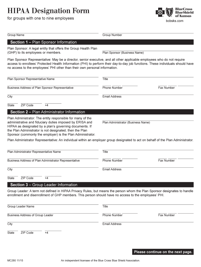Fillable Online HIPAA Designation Form for groups with one to nine ...