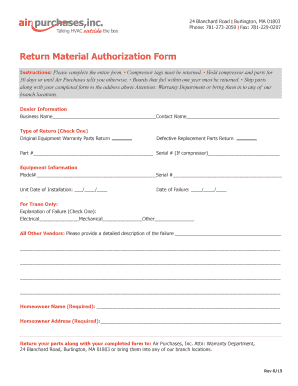 Fillable Online Return Material Authorization Form - airpurchasescom ...