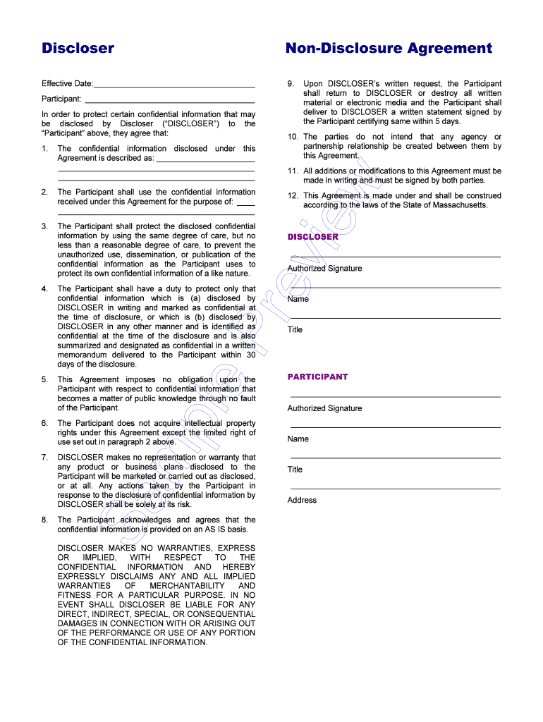 Fillable Online Discloser Non-Disclosure Agreement - Business Forms Fax ...