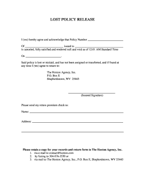 Fillable Online LOST POLICY RELEASE Fax Email Print - pdfFiller
