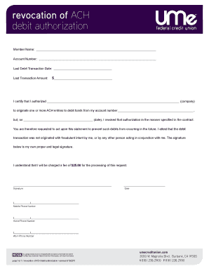Fillable Online UMe ACH Revocation of Authorization 06-15-2011 Fax ...