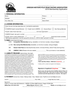 Fillable Online Date received office use only OREGON MOTORCYCLE ROAD ...