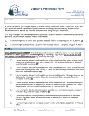 Fillable Online cottagegrove Veterans Preference Form - City of Cottage Grove - cottagegrove Fax ...